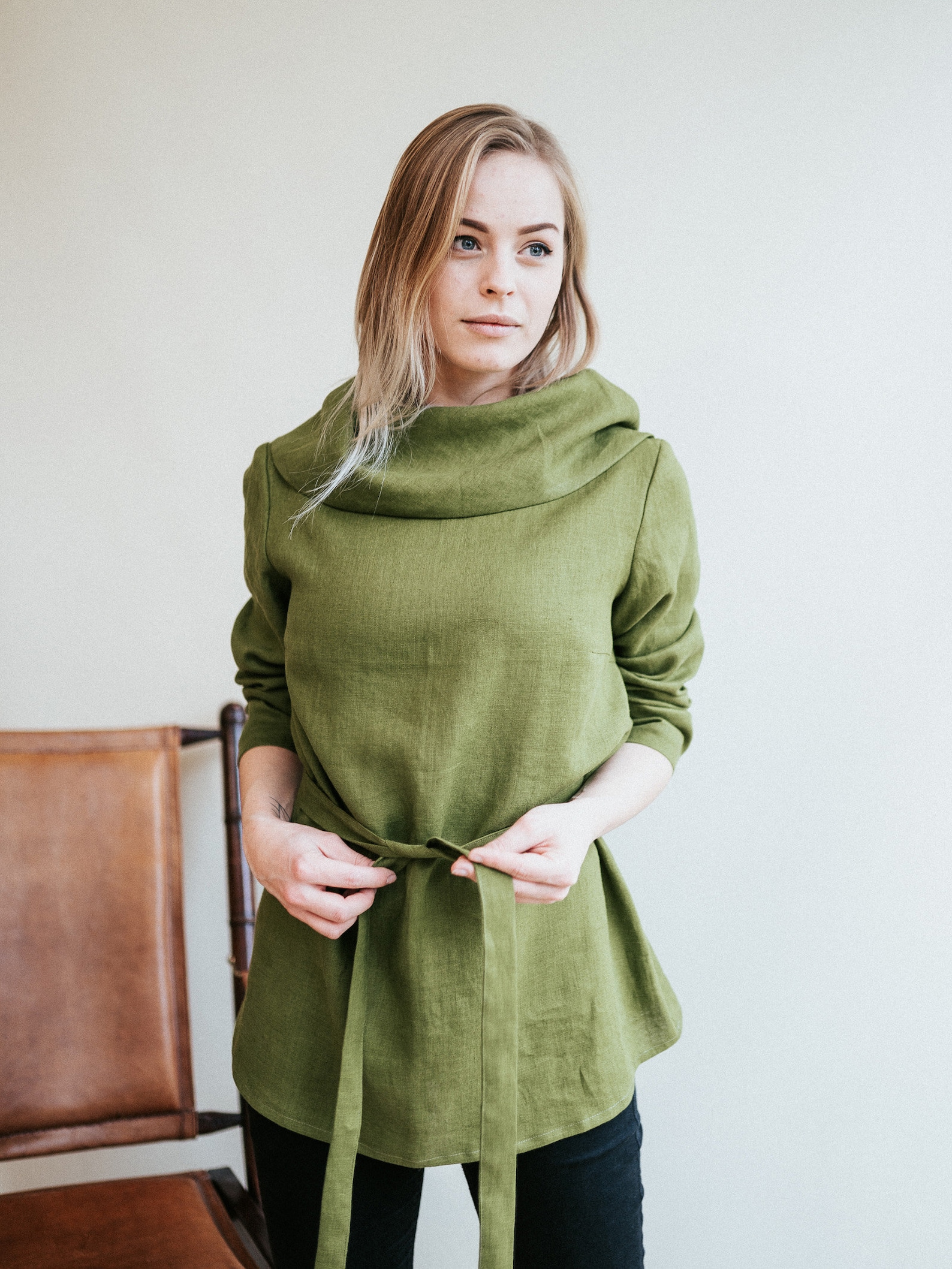 Elegant Linen Tunic Top With Raised Neck 'charlotte' Green, Womens ...