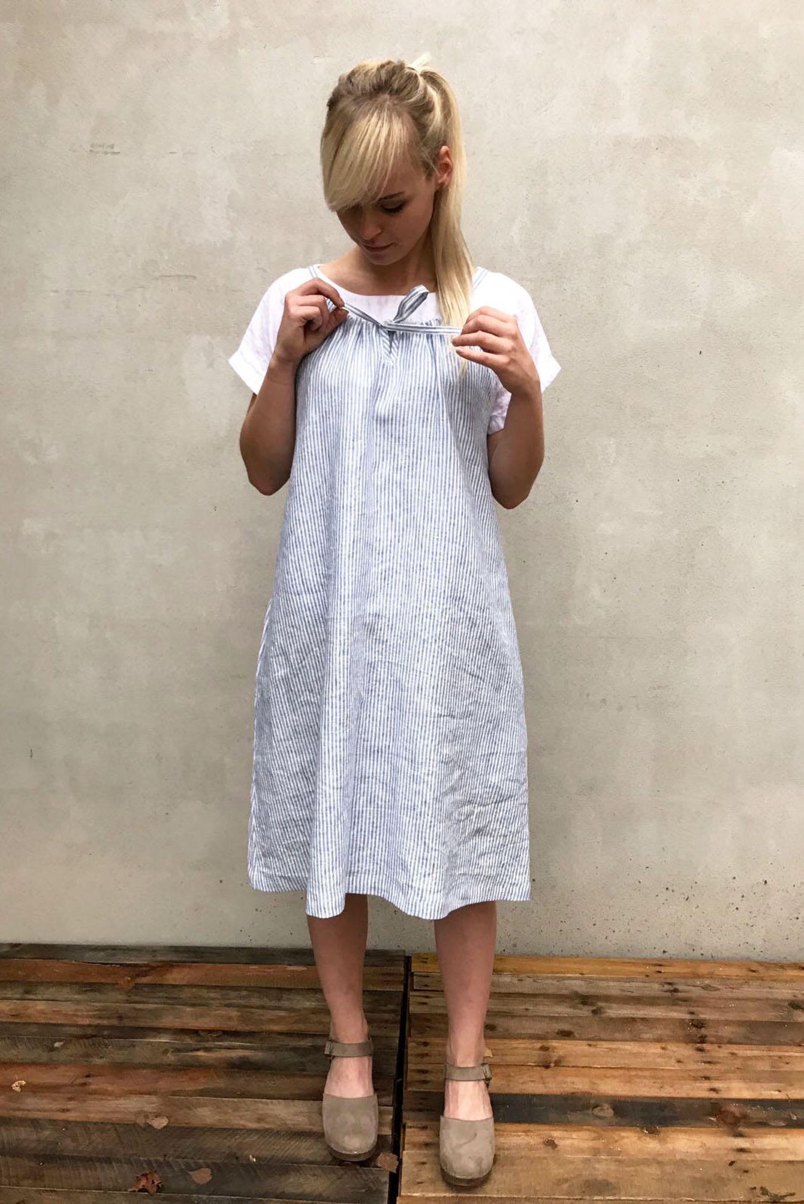 Simple Linen Dress With Drawstring Neckline, Sleeveless Midi Dress ...
