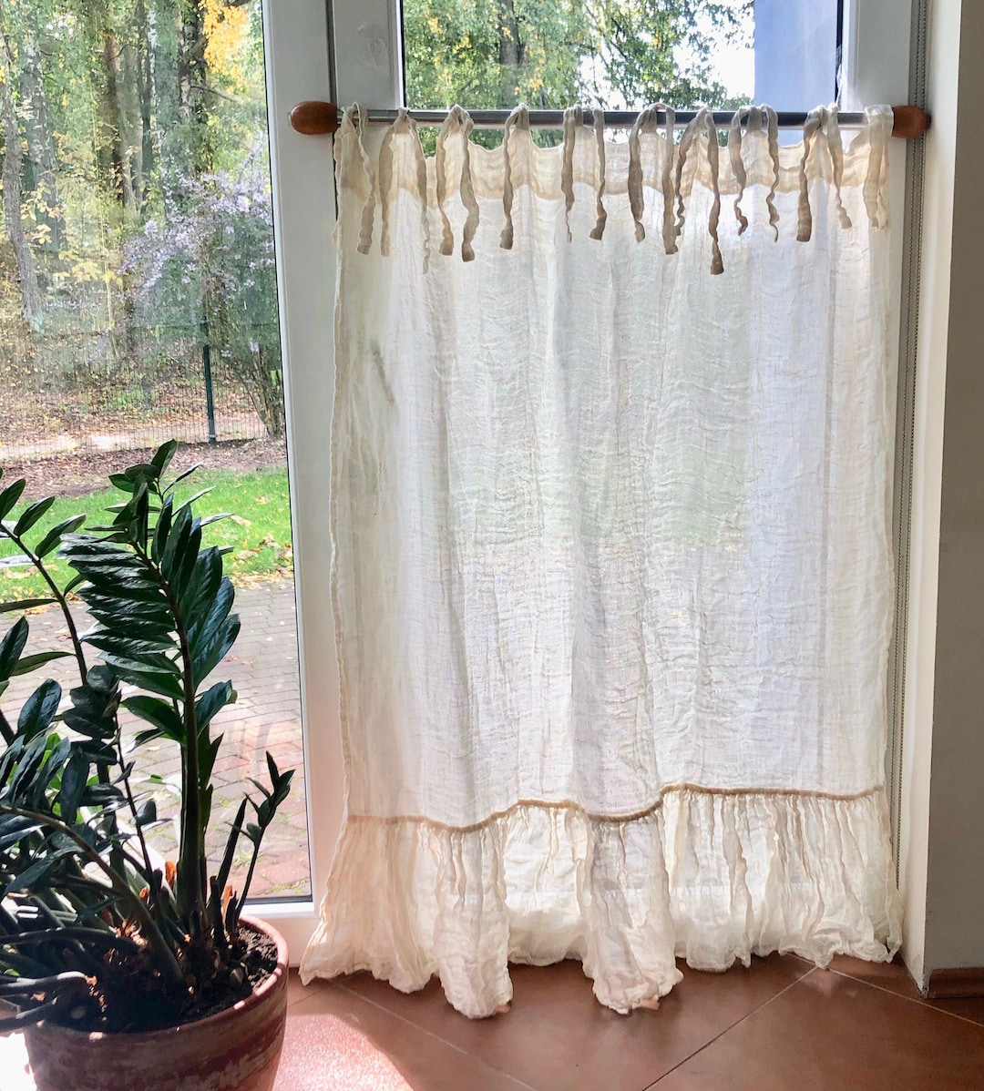 Off White Rustic Gauze Linen Curtain Panel With Ruffle, Boho Window ...
