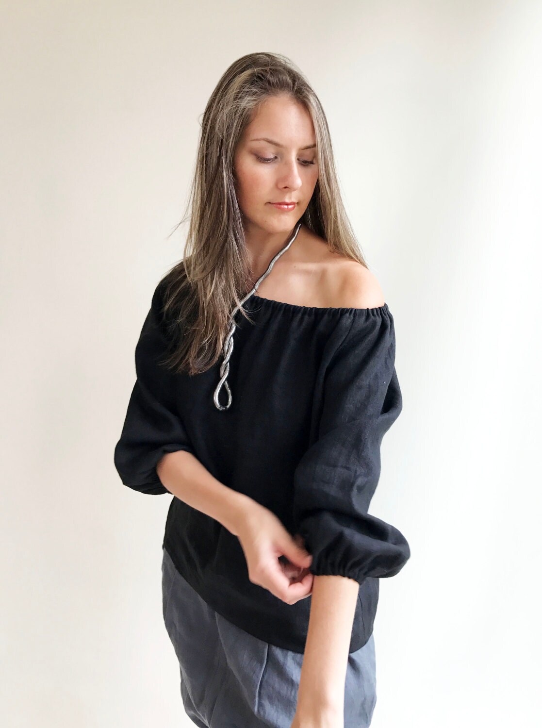 Off the Shoulder Top Boho Linen Blouse Black Linen Top - Etsy