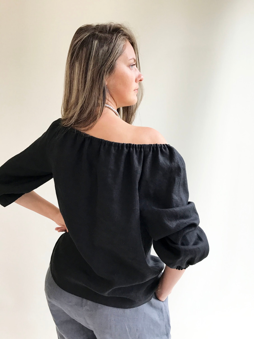 Off the Shoulder Top, Boho Linen Blouse, Black Linen Top, Linen Top ...