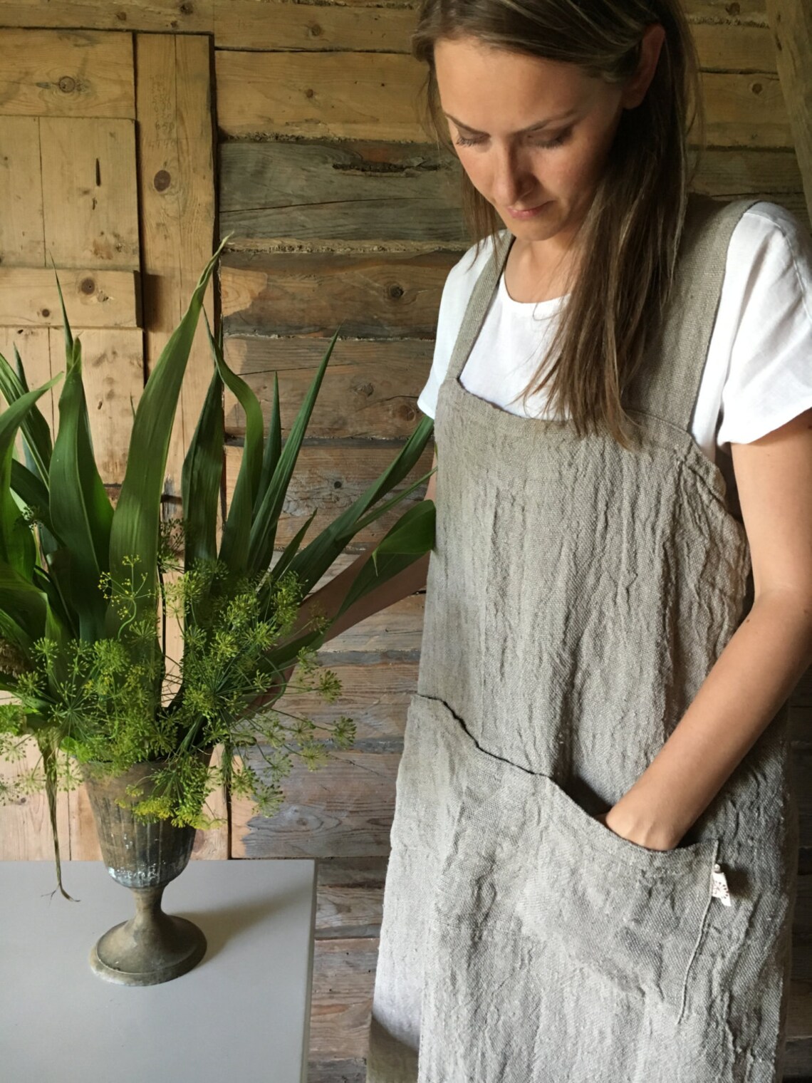 Rustic Pinafore Apron, Japanese Apron, Long Linen Apron, Kitchen Apron ...