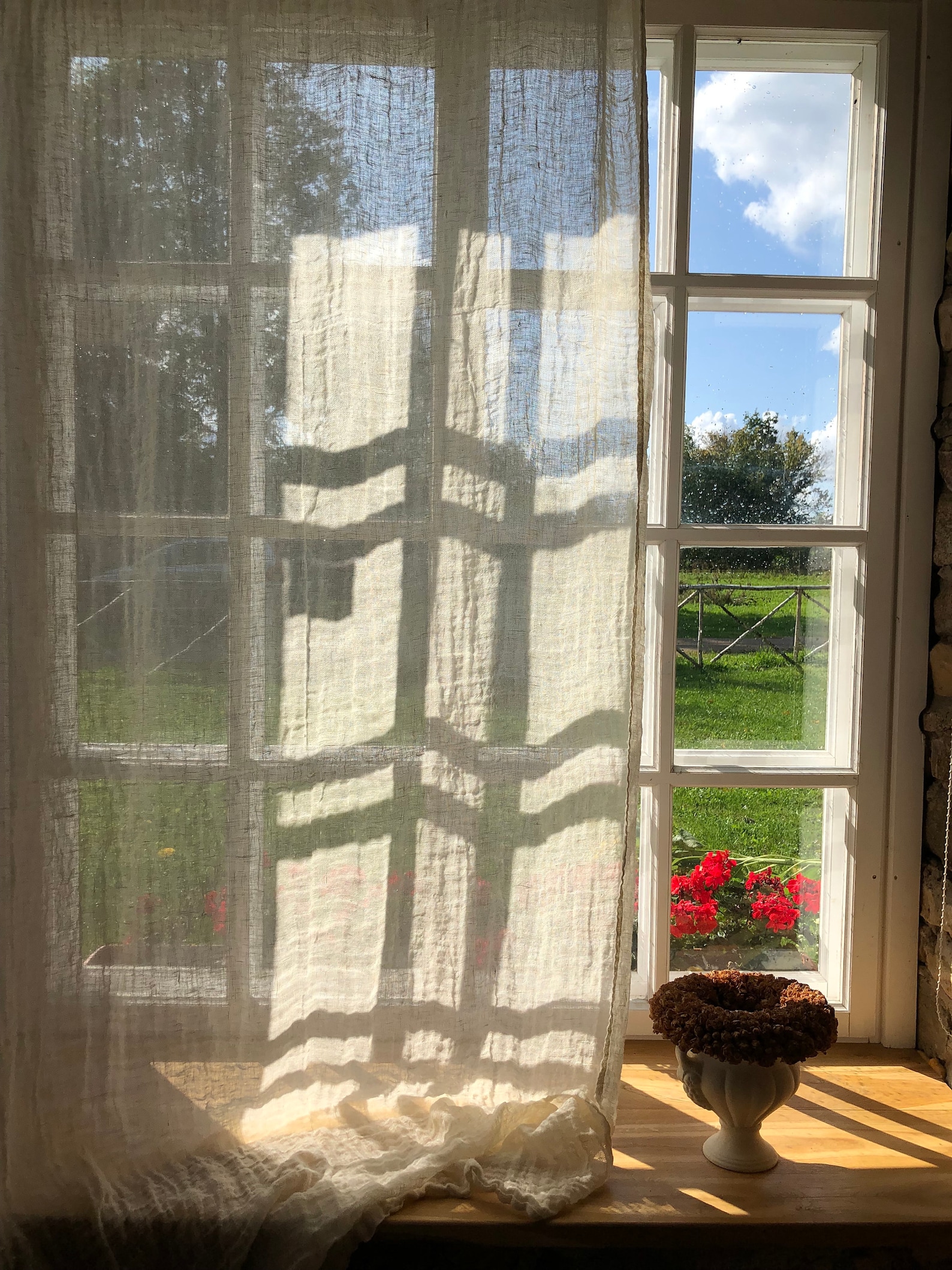 Off White Rustic Gauze Linen Curtain Panel, Window Curtains, Sheer ...