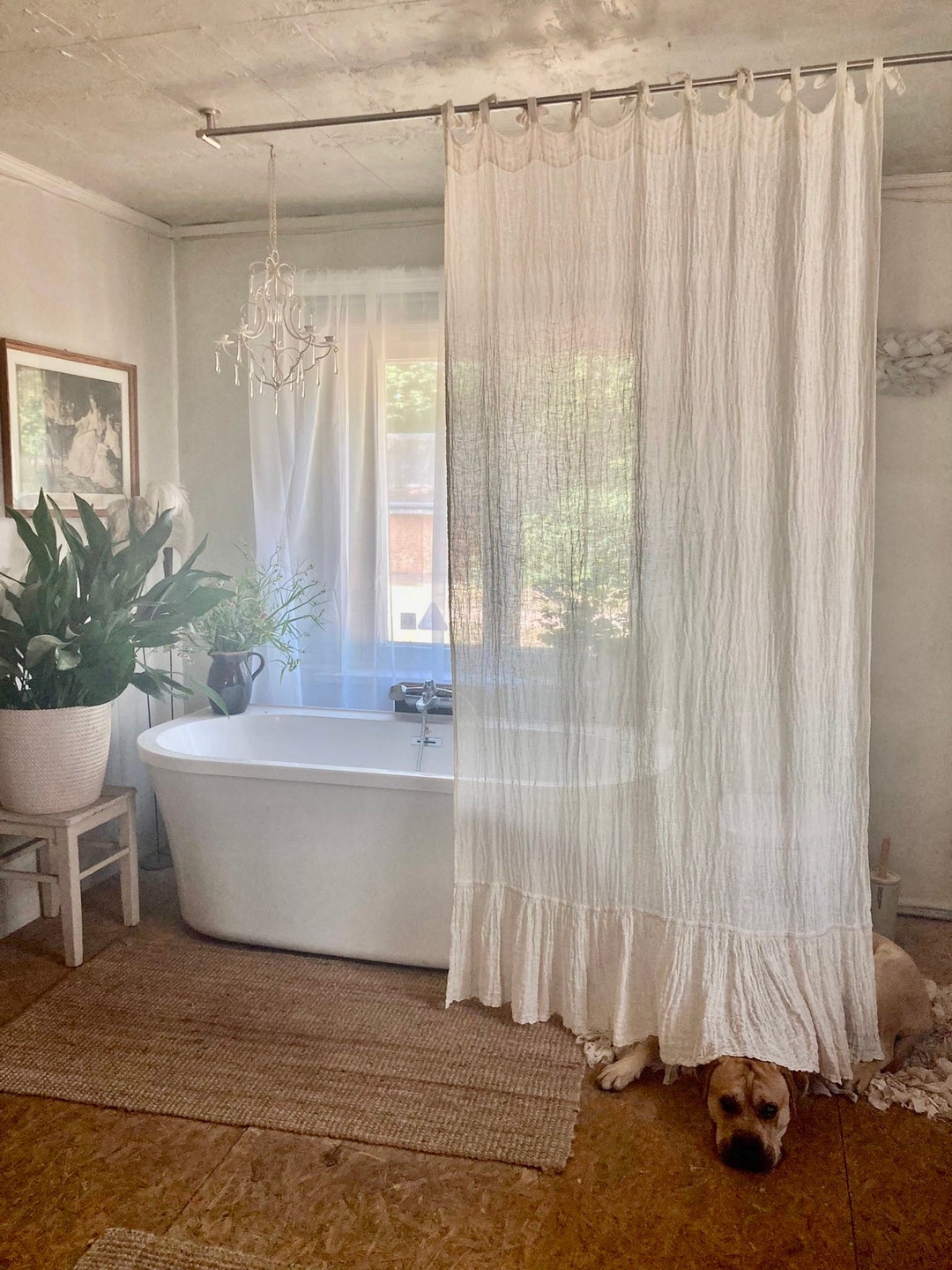 Off White Rustic Gauze Linen Curtain Panel With Ruffle, Boho Window ...