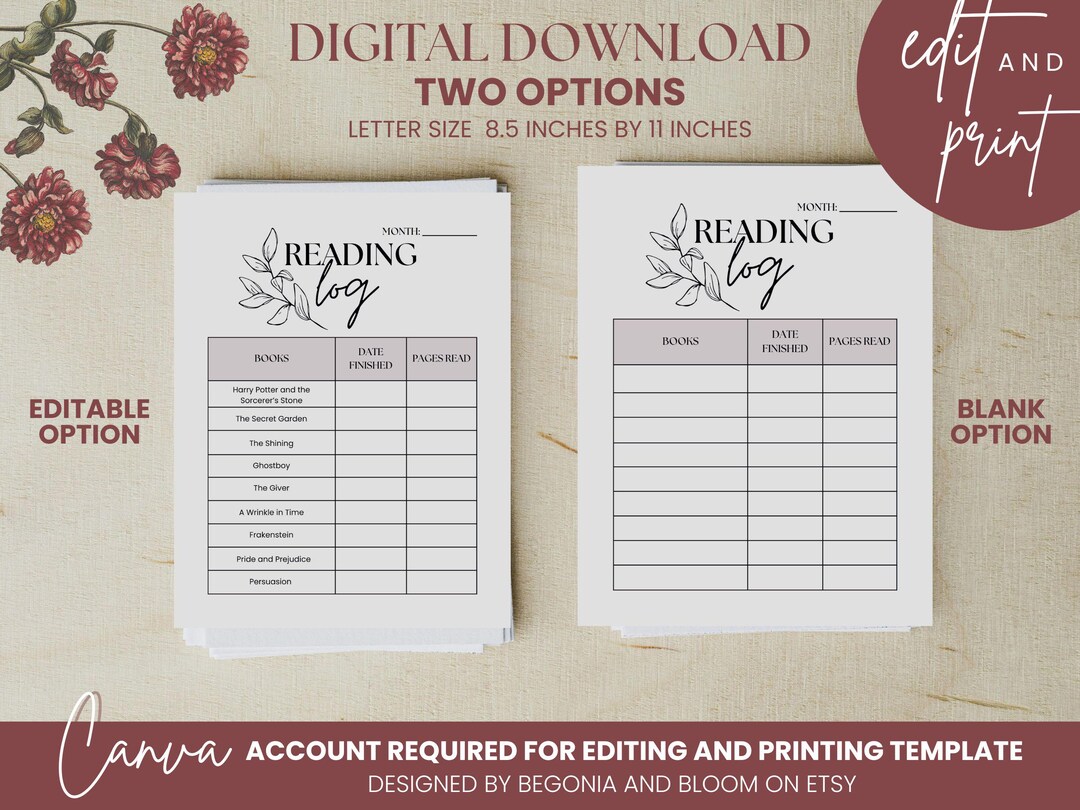 Editable Printable Reading Log Canva Template, Spring Floral Reading ...