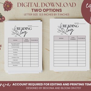 Reading Log Digital Download Canva Template Spring Floral Reading ...
