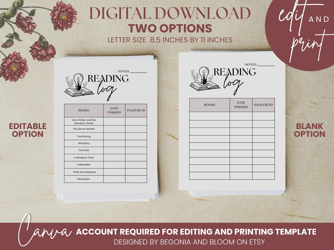 Editable Printable Book Reading Log Canva Template, Floral Reading ...
