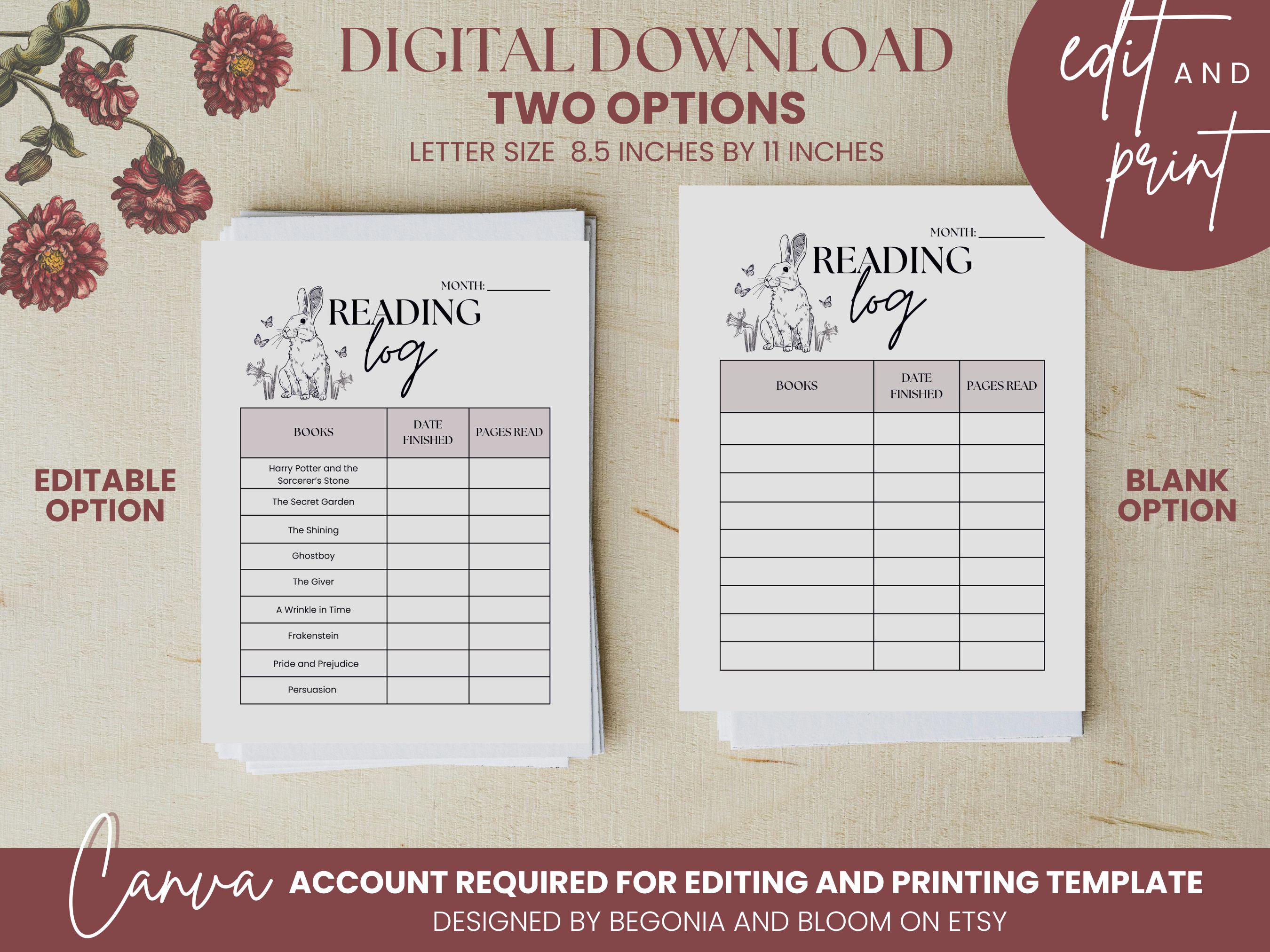 Woodland Animal Reading Log Digital Download Canva Template, Blank ...