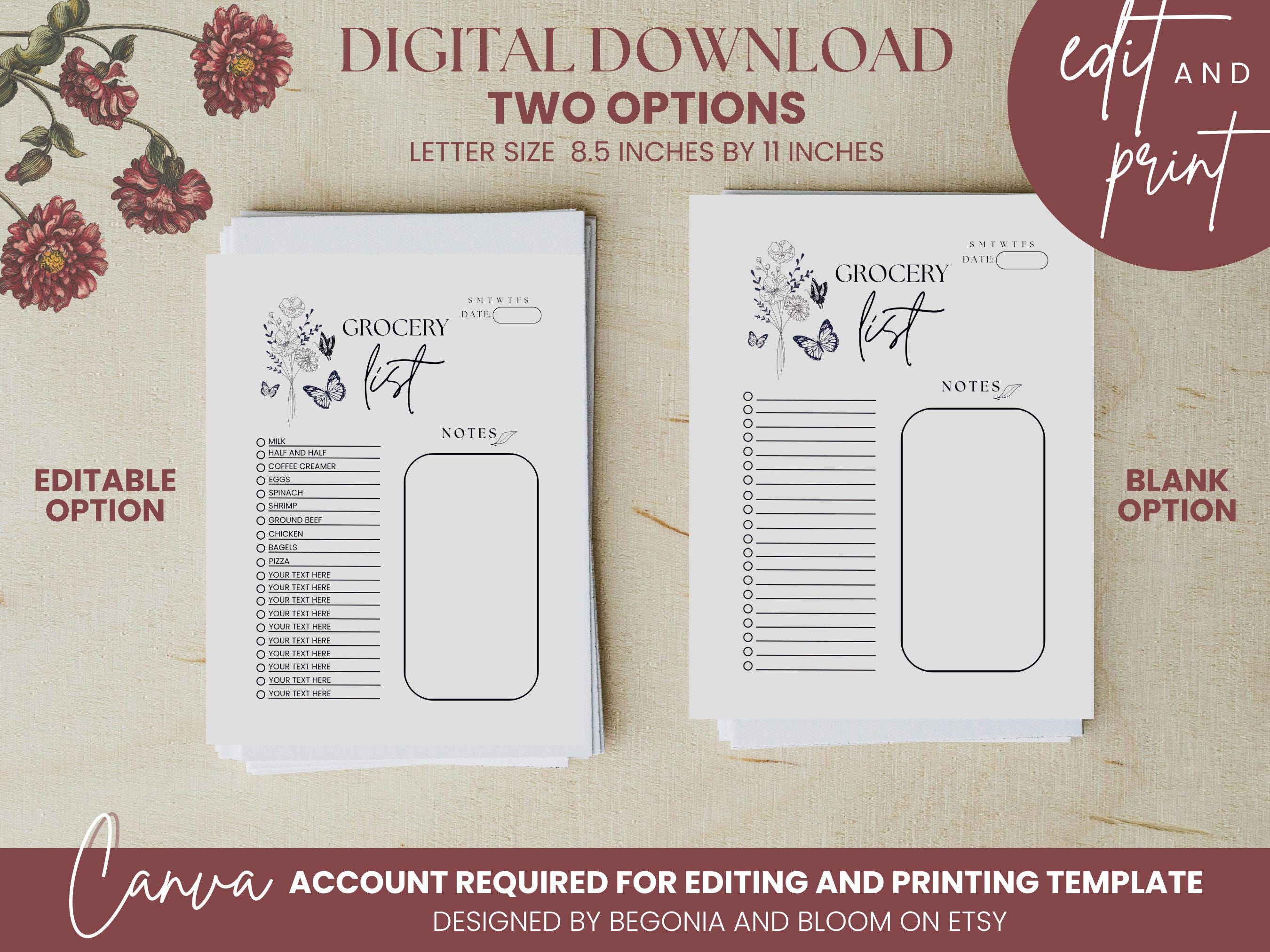 Editable Printable Minimalist Floral Grocery List Template, Butterfly ...