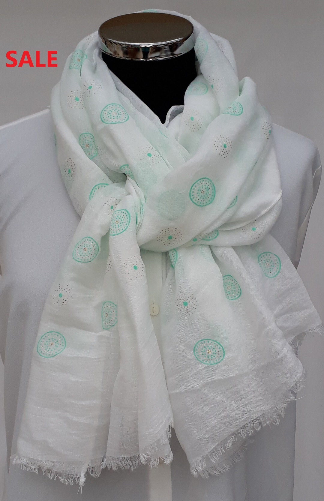 White Pashmina With Small Green and Gold Circle Spot Design - Etsy