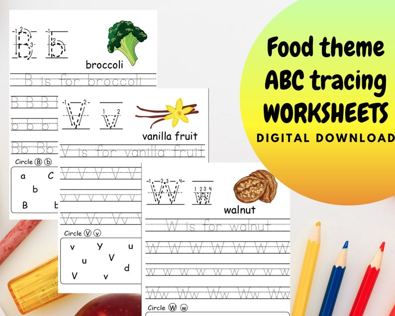 Alphabet Tracing Preschool Worksheets, ABC Tracing Worksheets With Food ...