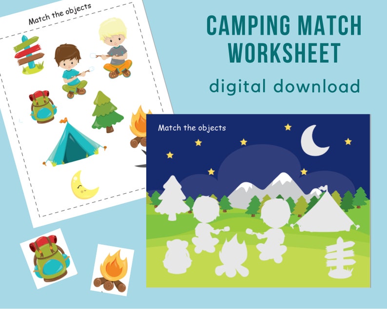 Camping matching game Match printable worksheet Printable | Etsy