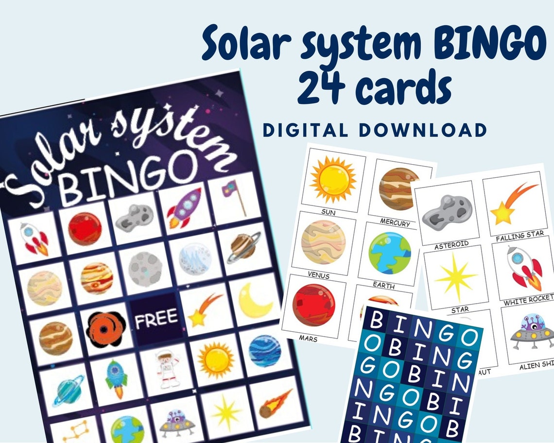 Solar system BINGO game 24 Space Bingo cards Planets | Etsy