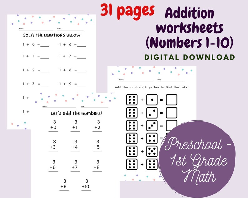 Addition Worksheets for Kids, Numbers 1-10 Addition for Preschool ...