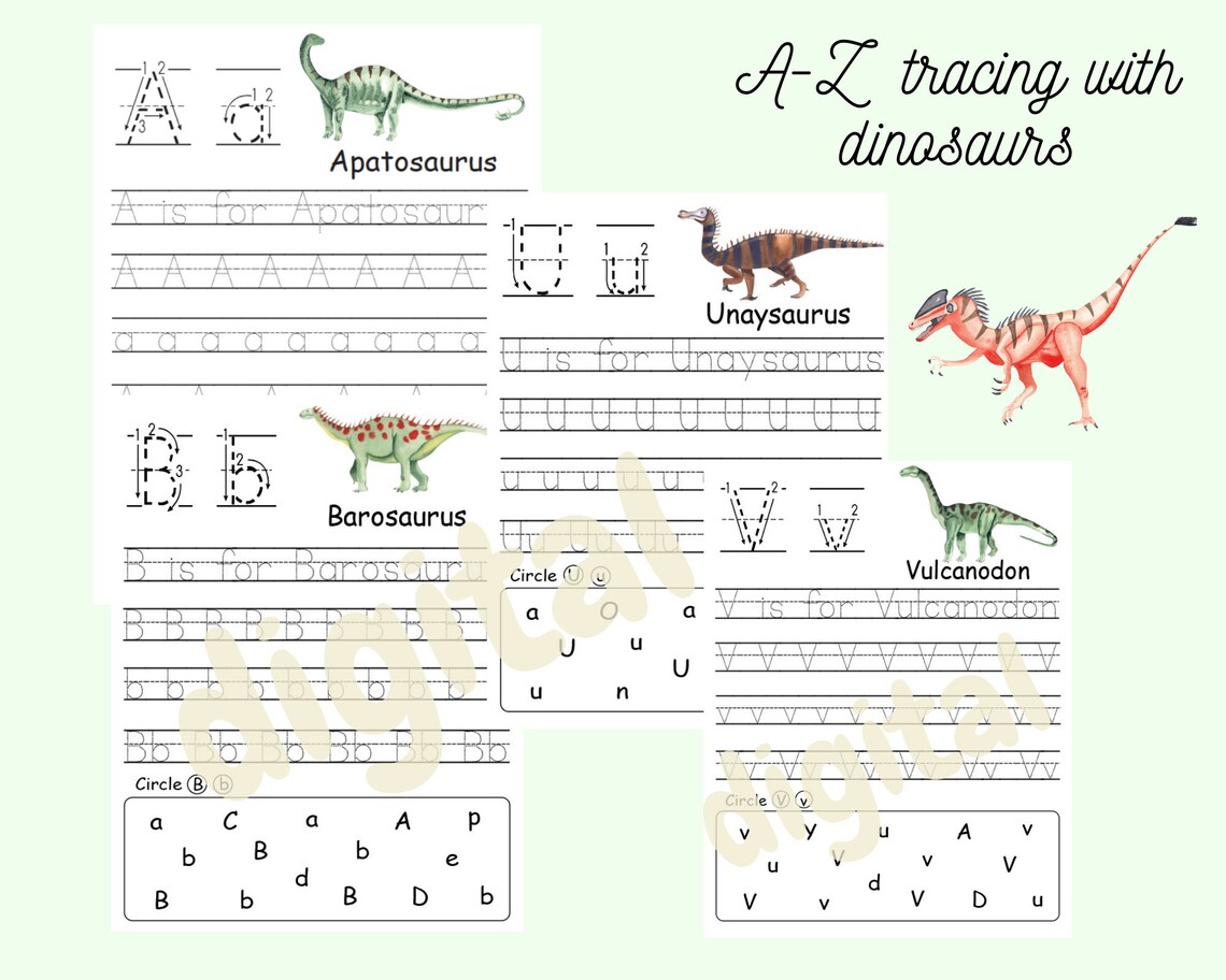 ABC Tracing Worksheets With Dinosaurs Dino Alphabet Preschool - Etsy