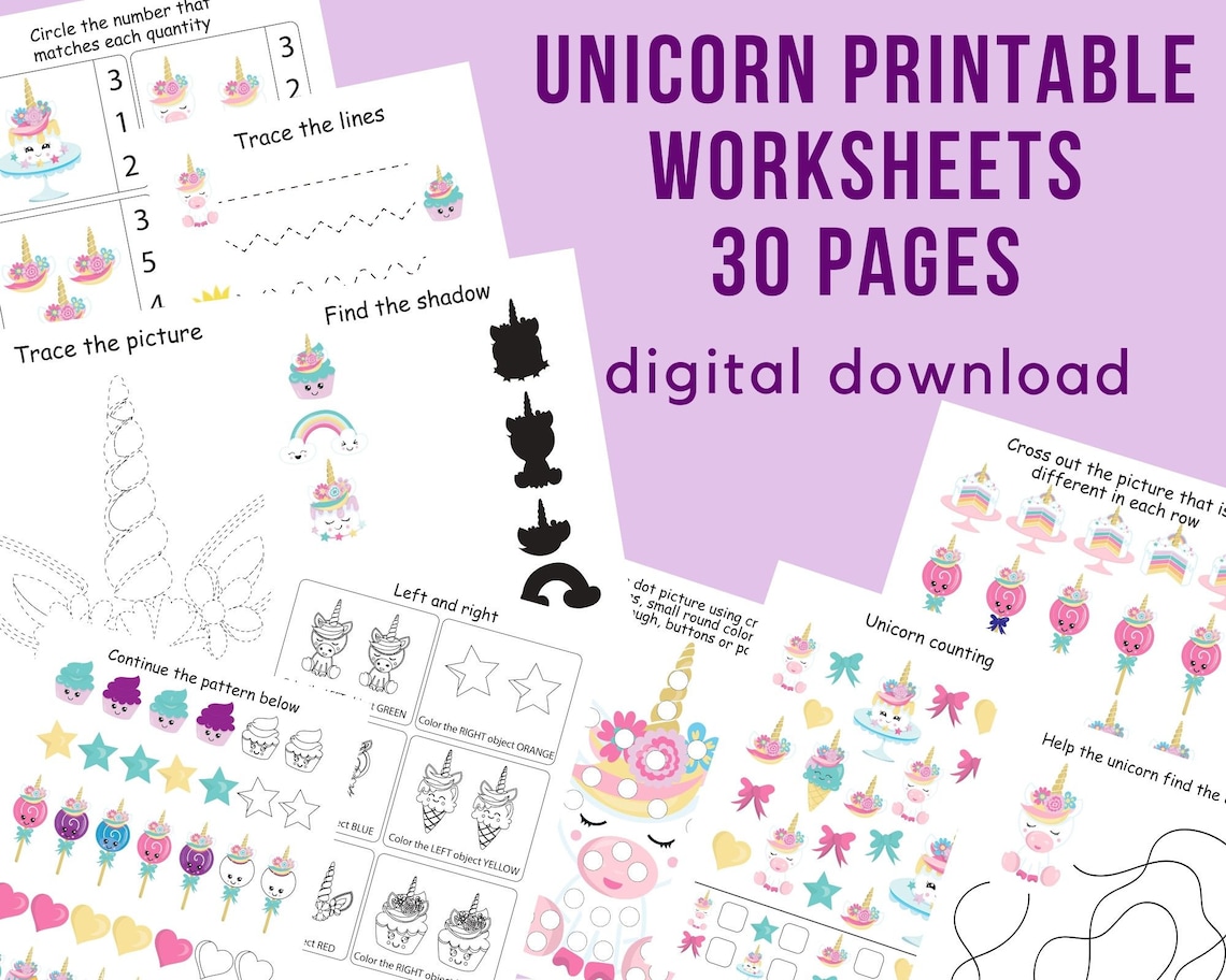 Unicorn Preschool Printables Worksheets for Kindergarten | Etsy Canada