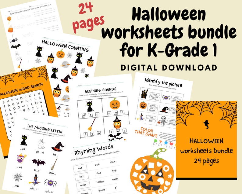 Halloween Worksheets for Kindergarten and First Grade Kids - Etsy