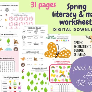 Spring Worksheets for Kids, Literacy and Math Learning Binder for Grade ...