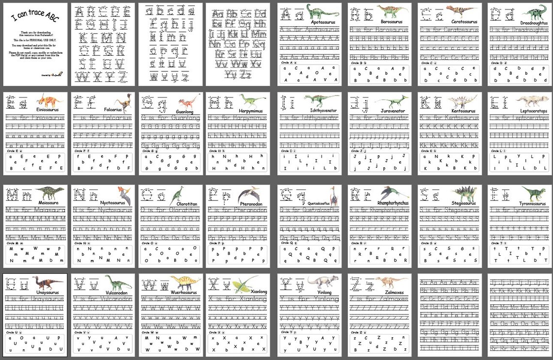 ABC Tracing Worksheets With Dinosaurs Dino Alphabet Preschool - Etsy