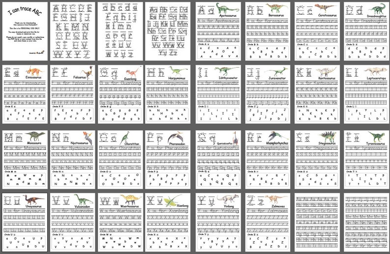 ABC Tracing Worksheets With Dinosaurs Dino Alphabet Preschool - Etsy