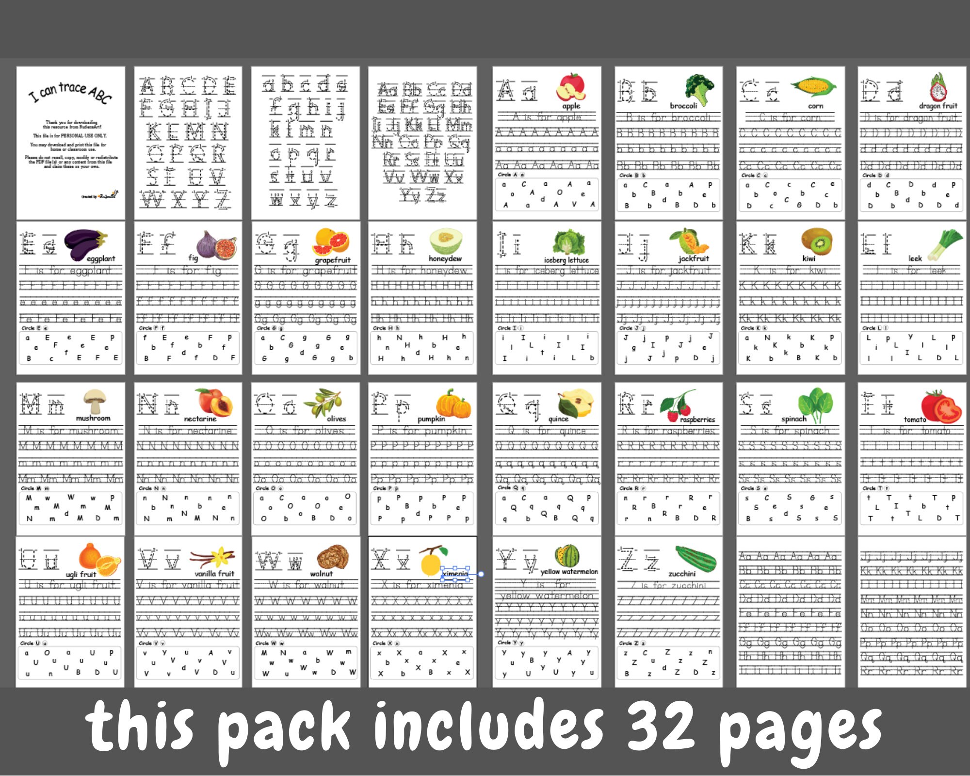 Alphabet Tracing Preschool Worksheets, ABC Tracing Worksheets With Food ...