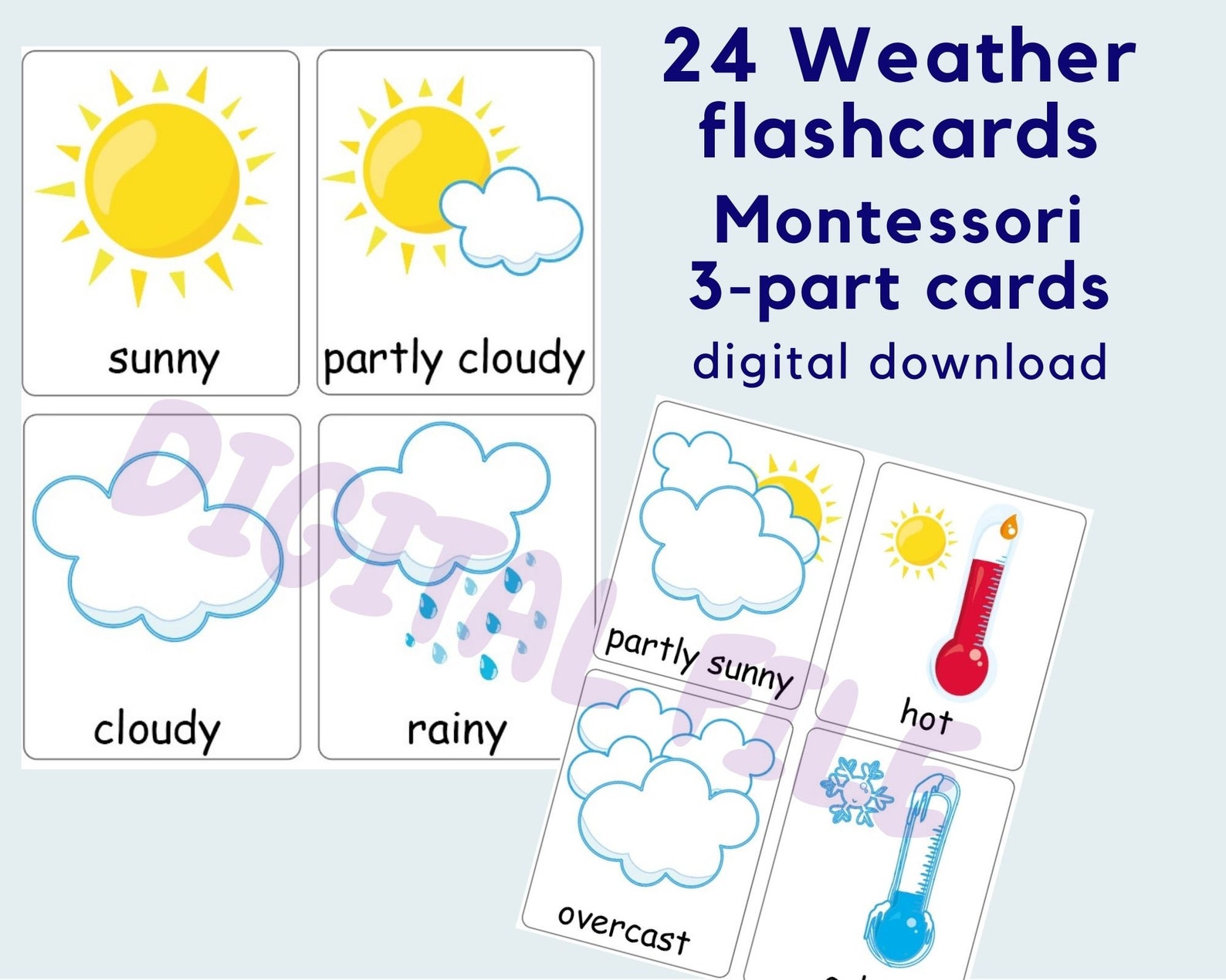 Weather Flashcards, Montessori Three-part Cards, Vocabulary Flash Cards ...