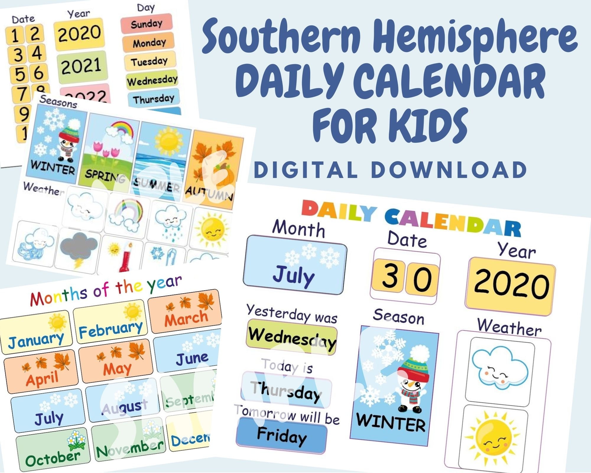 Australian Daily Calendar for Kids Southern Hemisphere Months - Etsy