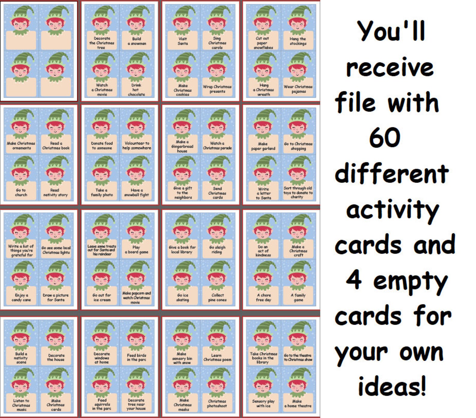 60 Elf Activity Cards for Kids Advent Calendar Christmas Elf - Etsy
