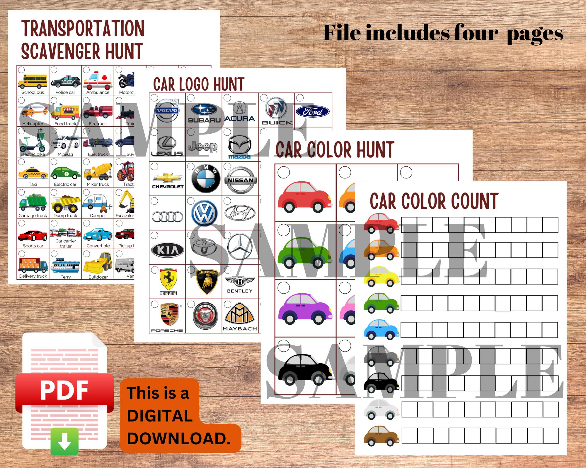 Transportation Scavenger Hunt, Car Logo Hunt, Road Trip Games, Family ...