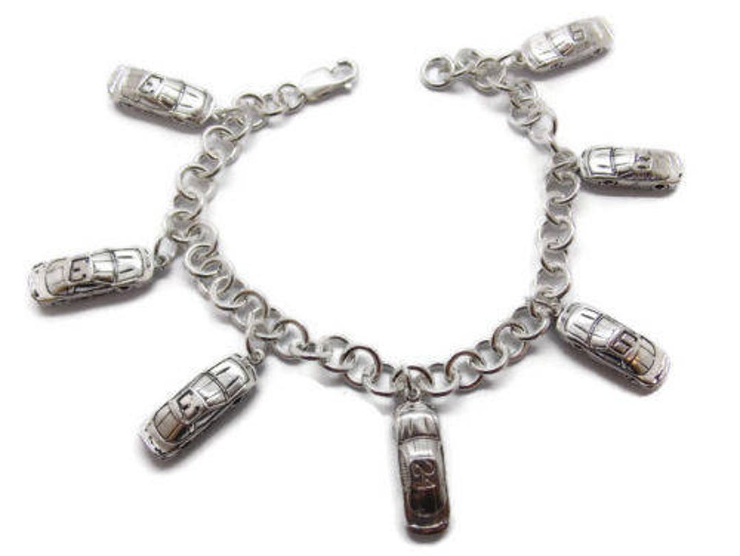 Charm Bracelet With 7 Racing Car Charms Handmade .925 Sterling Silver ...