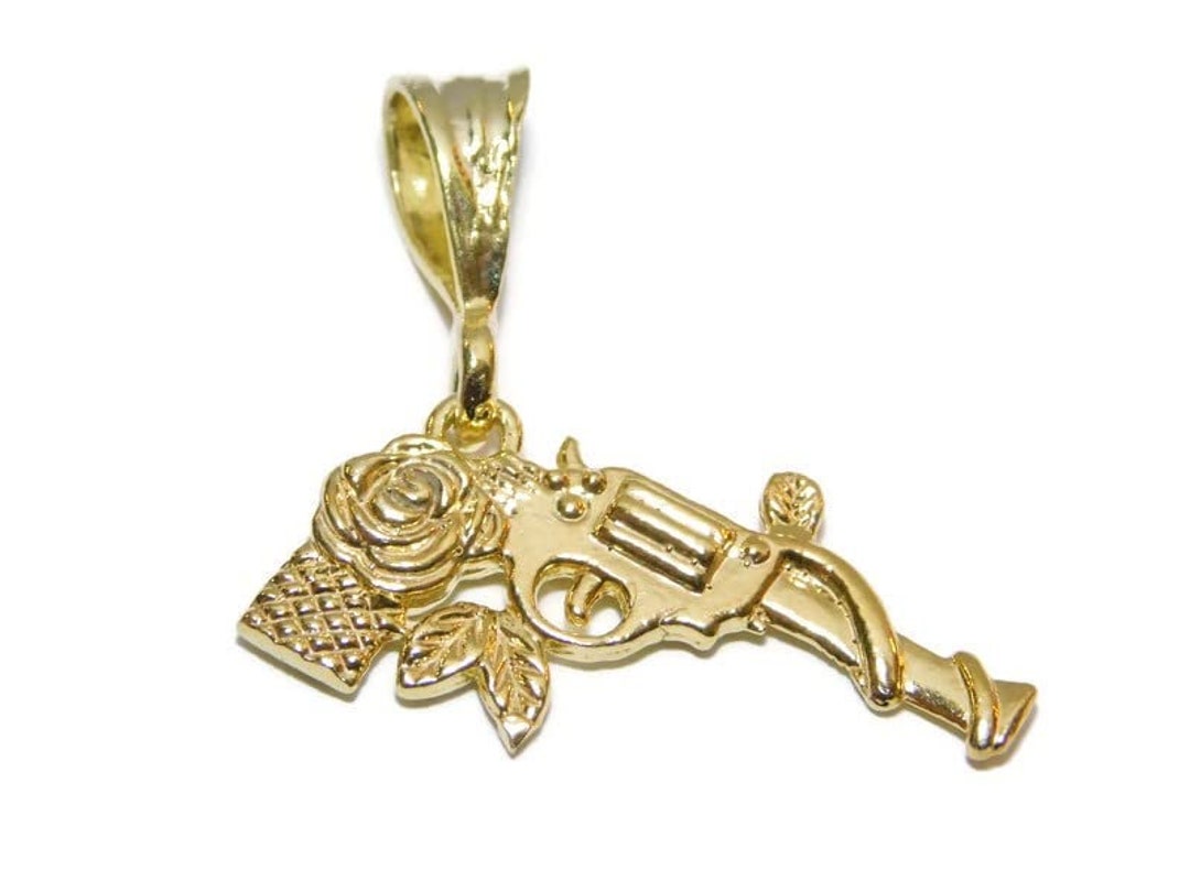 14k Solid Gold Revolver With Rose and Vines Charm Pendant. - Etsy