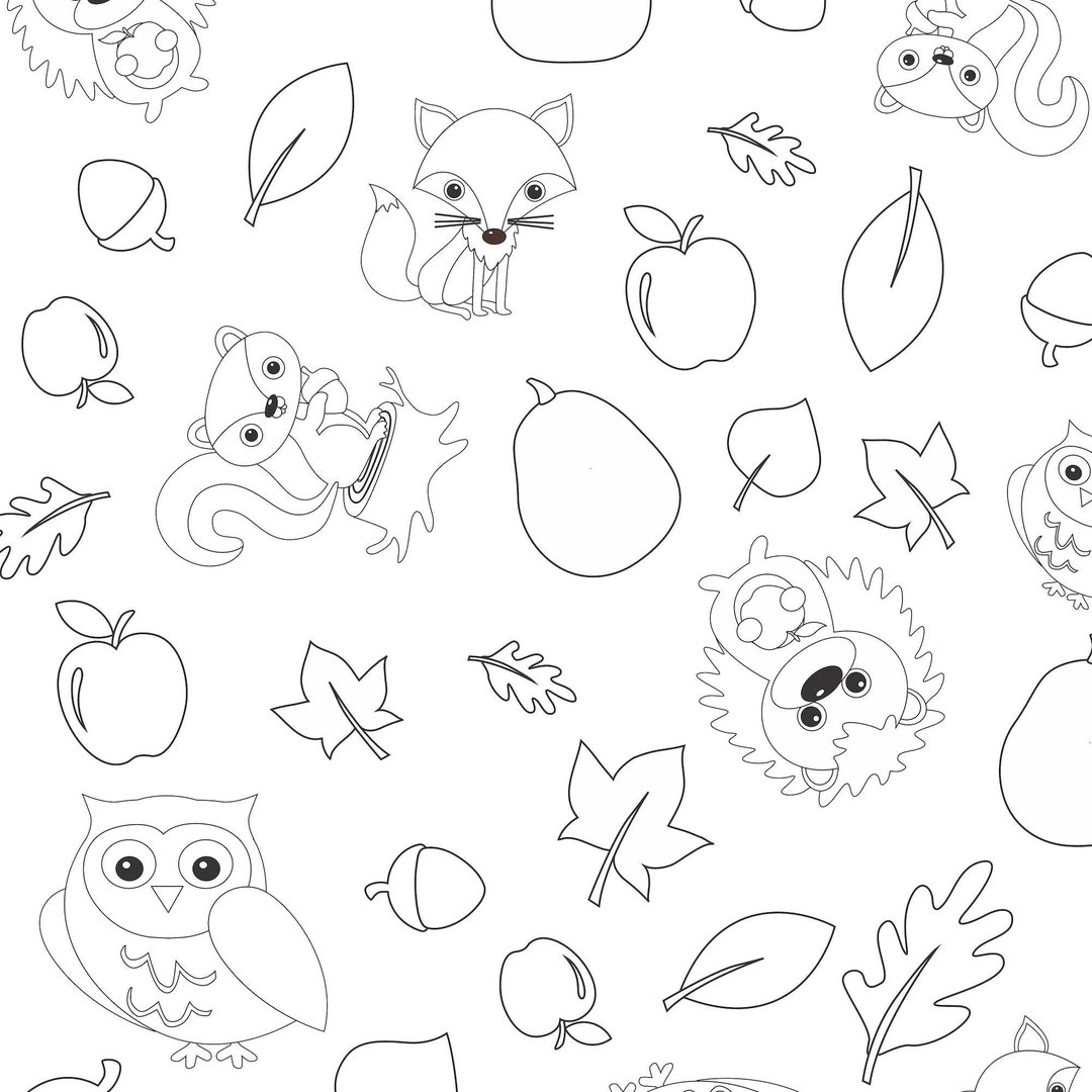 Fall Leaves and Autumn Animals Printable Large Coloring Poster (digital ...