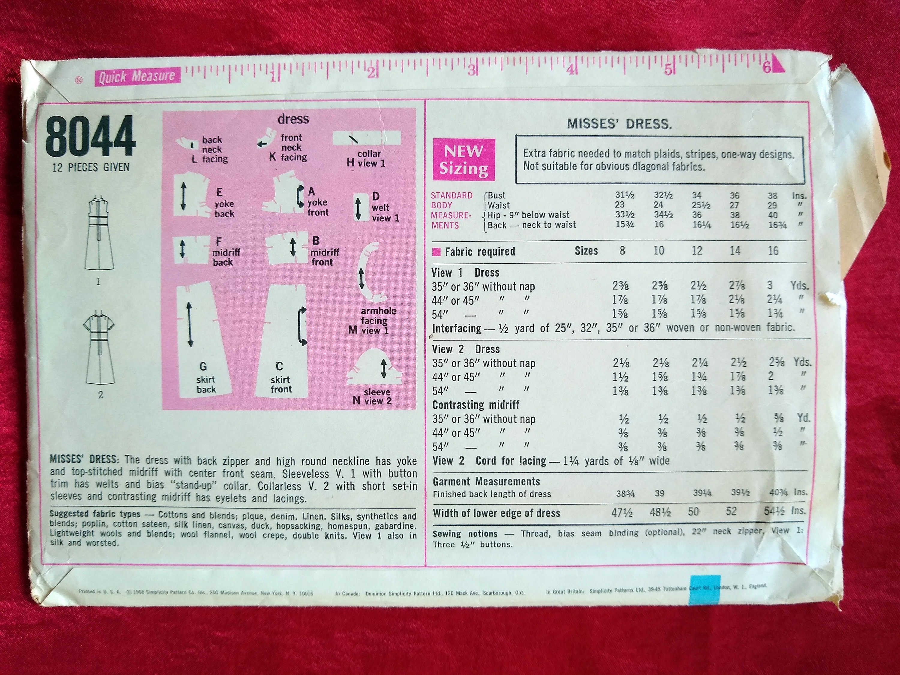 RARE Simplicity 8044 1960s Mod Mini Dress Color Blocked Pattern Size 12 ...