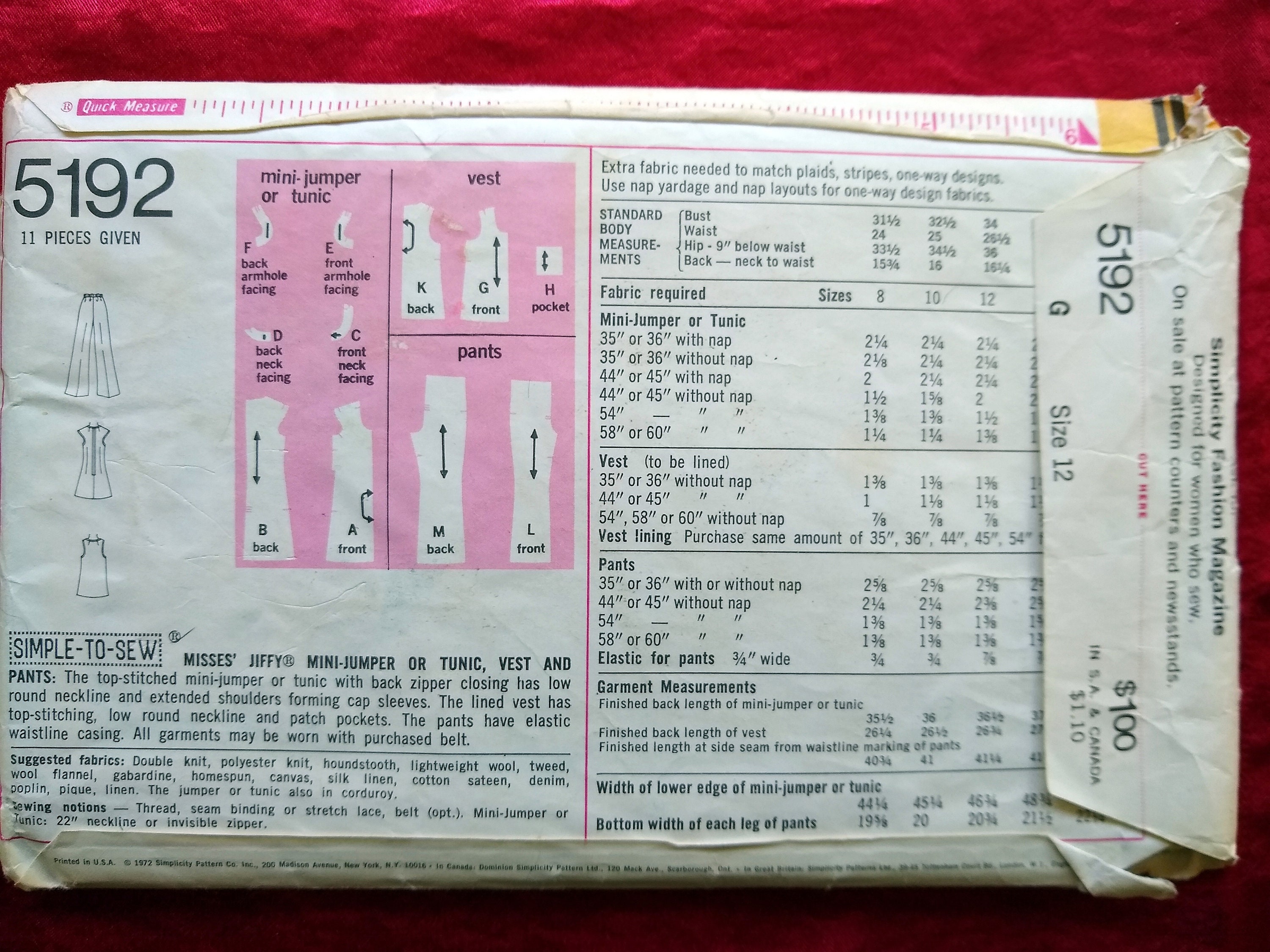 Simplicity 5192 1970s Mod Jumper, Vest and Pants Pattern. Size 12 34 B ...