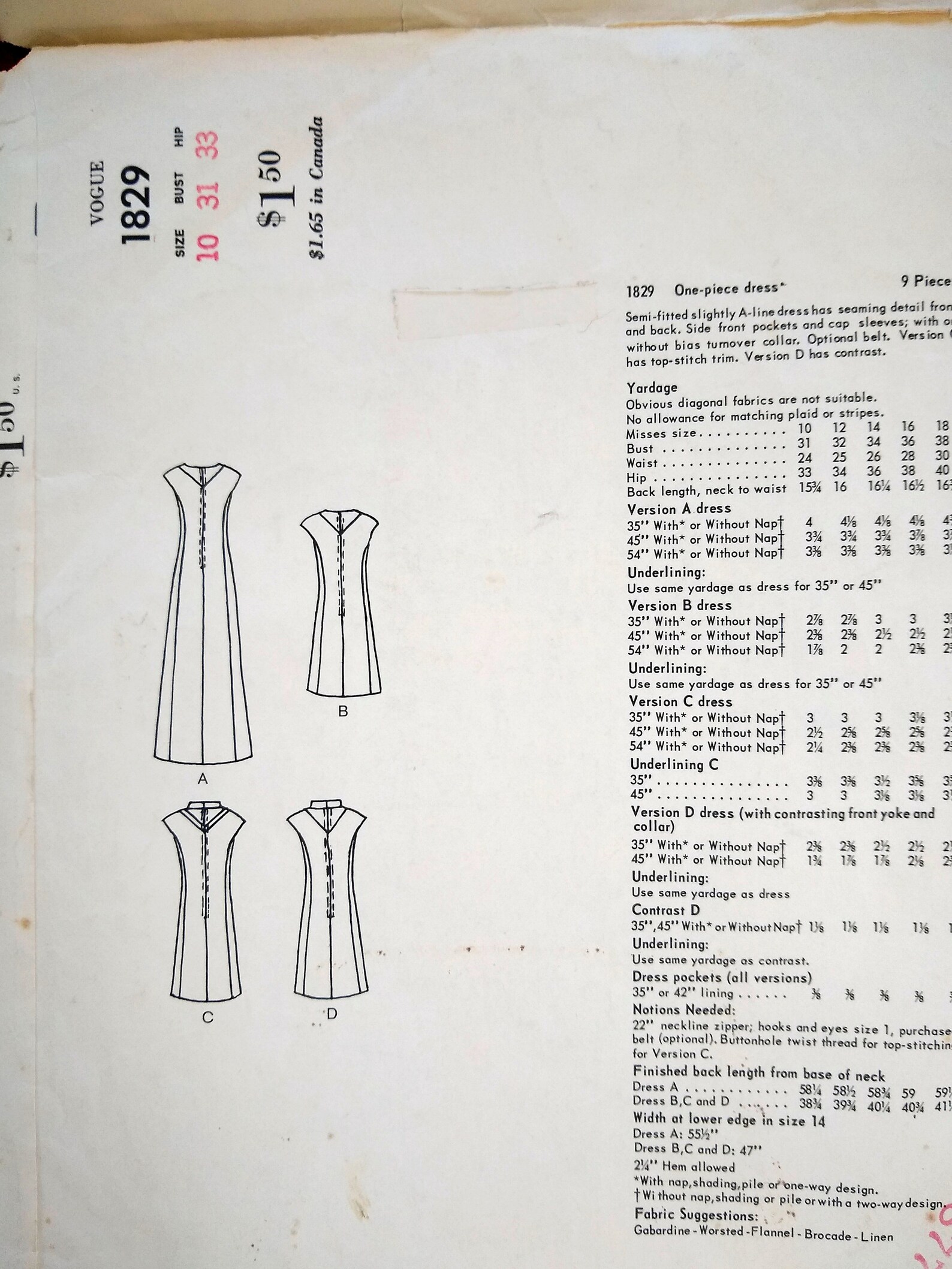 Vogue 1829 1960s Mod Dress Pattern With Seaming Details Size 10 B 31 ...