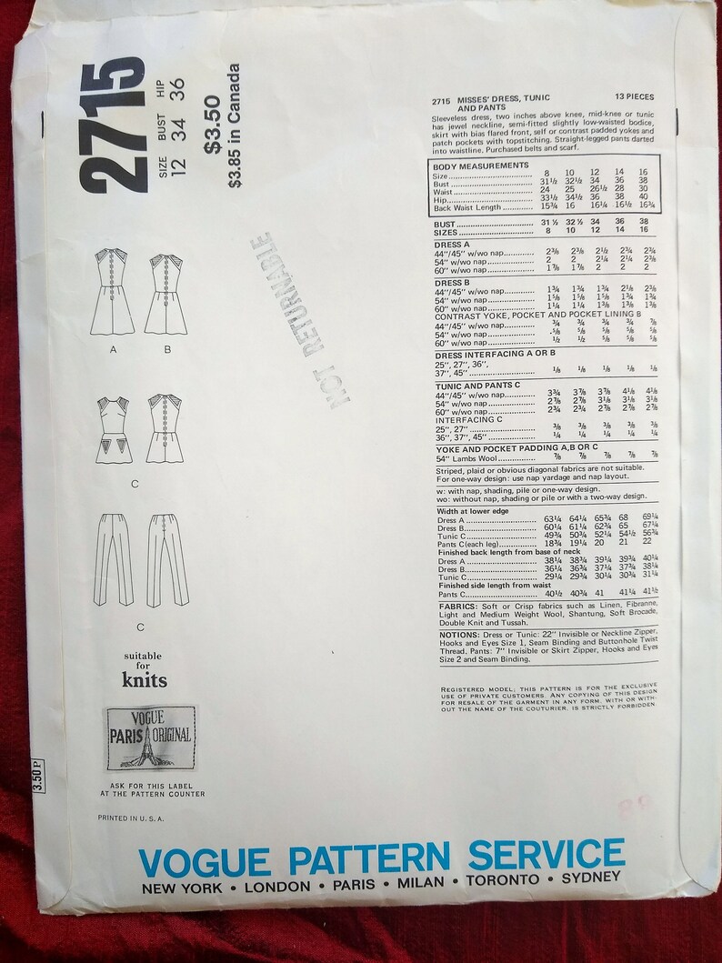 Vogue 2715 1970s Mod Pierre Cardin Dress, Tunic and Pants Pattern Size ...