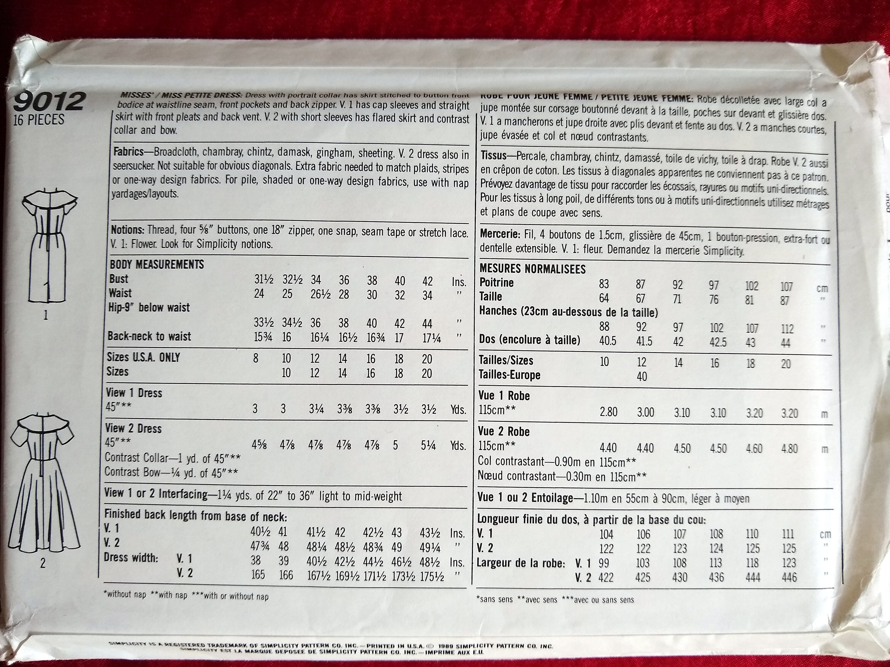 Simplicity 9012 1980s Dress Pattern Flutter Portrait Collar Slim or ...