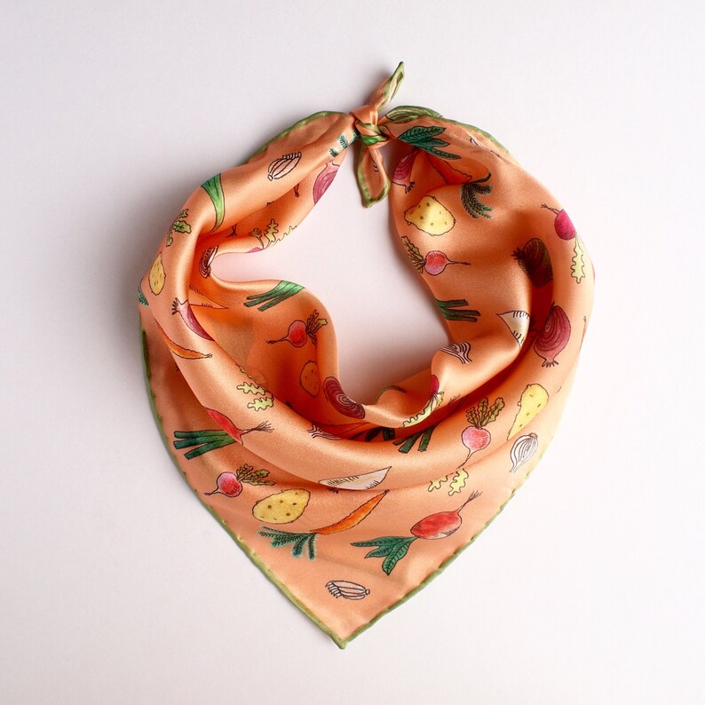Happy Veggies Hand Illustrated 100% Silk Scarf - Etsy
