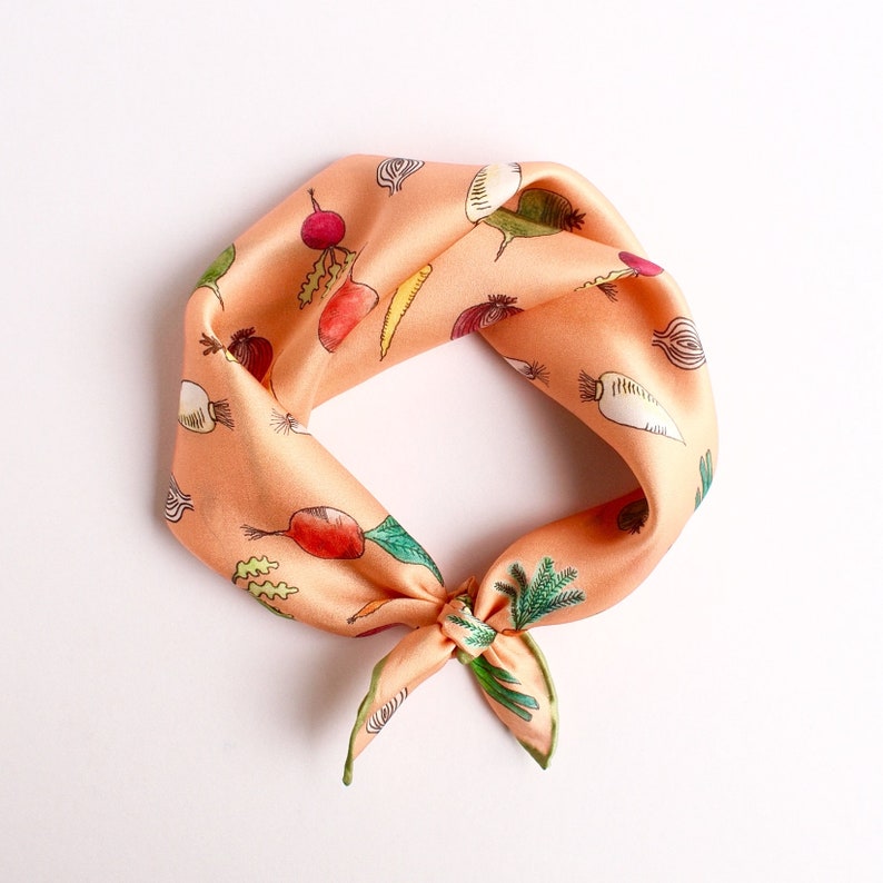 Happy Veggies Hand Illustrated 100% Silk Scarf - Etsy