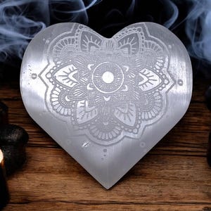 Lotus Mandala Etched Selenite Polished Puffy Heart Crystal Decor Satin ...