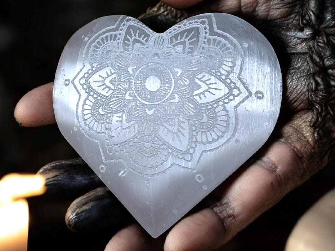 Lotus Mandala Etched Selenite Polished Puffy Heart Crystal Decor Satin ...