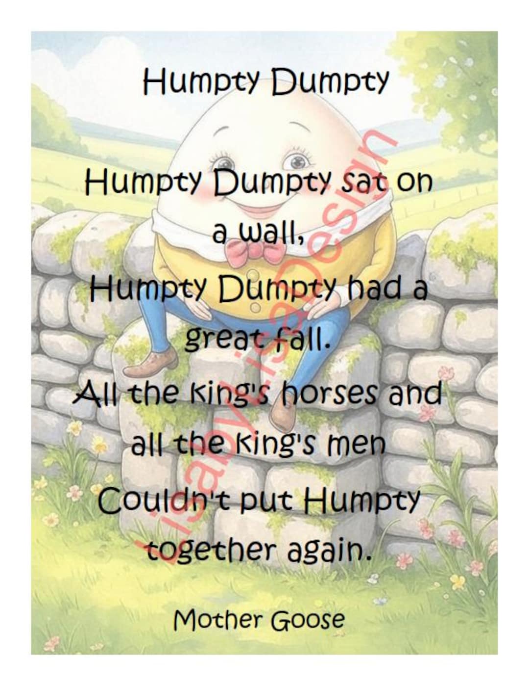 Humpty Dumpty Nursery Rhyme Printable Wall Art | Mother Goose Kids Room ...
