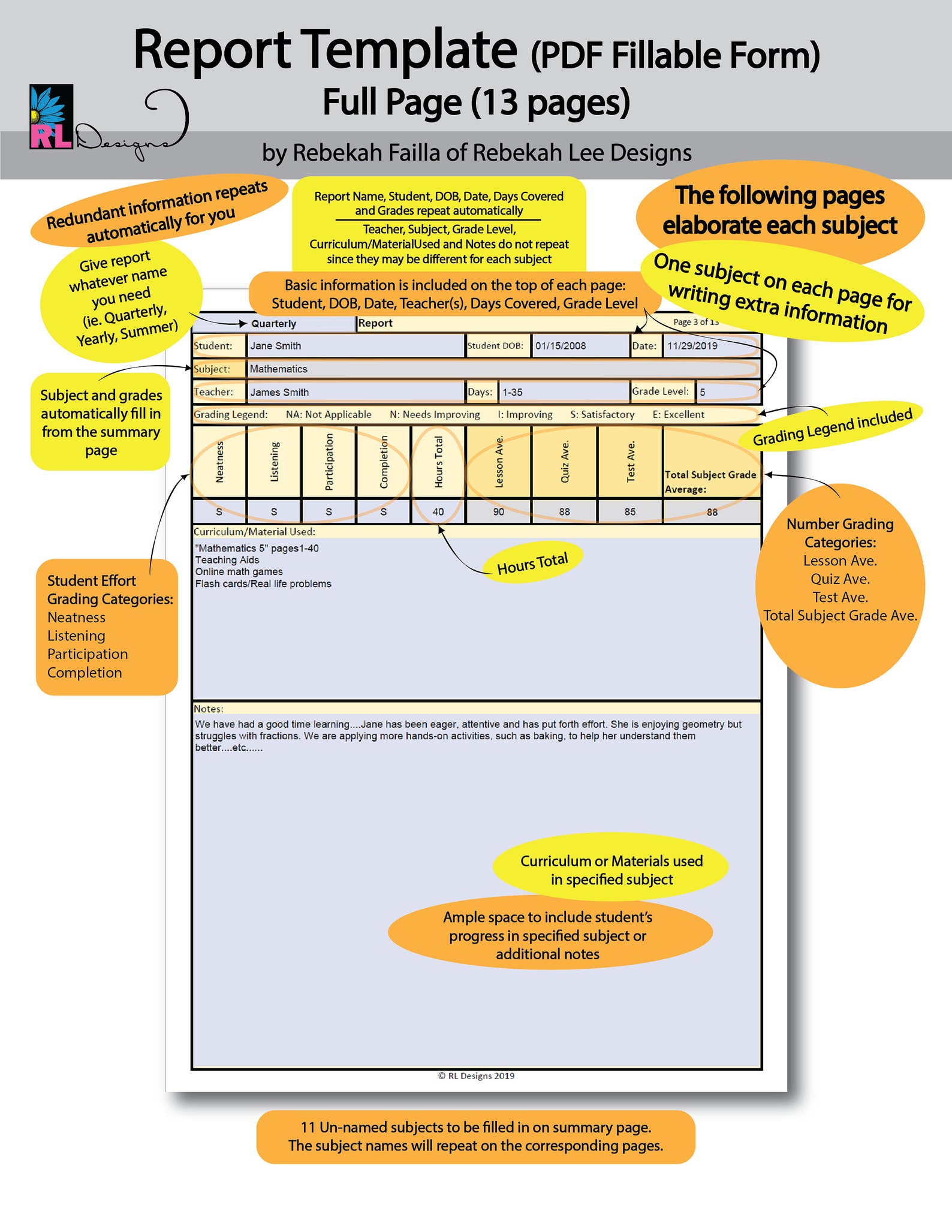 Report Template Full Page Version (PDF Fillable Form) - Etsy