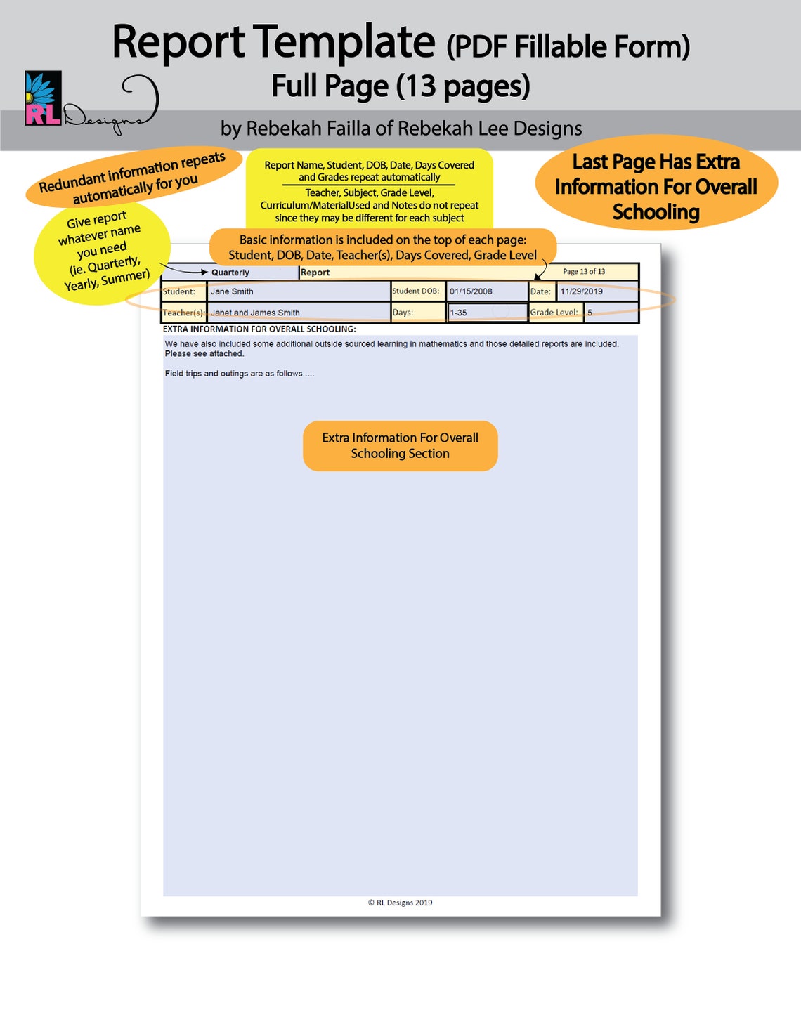 Report Template Full Page Version (PDF Fillable Form) - Etsy