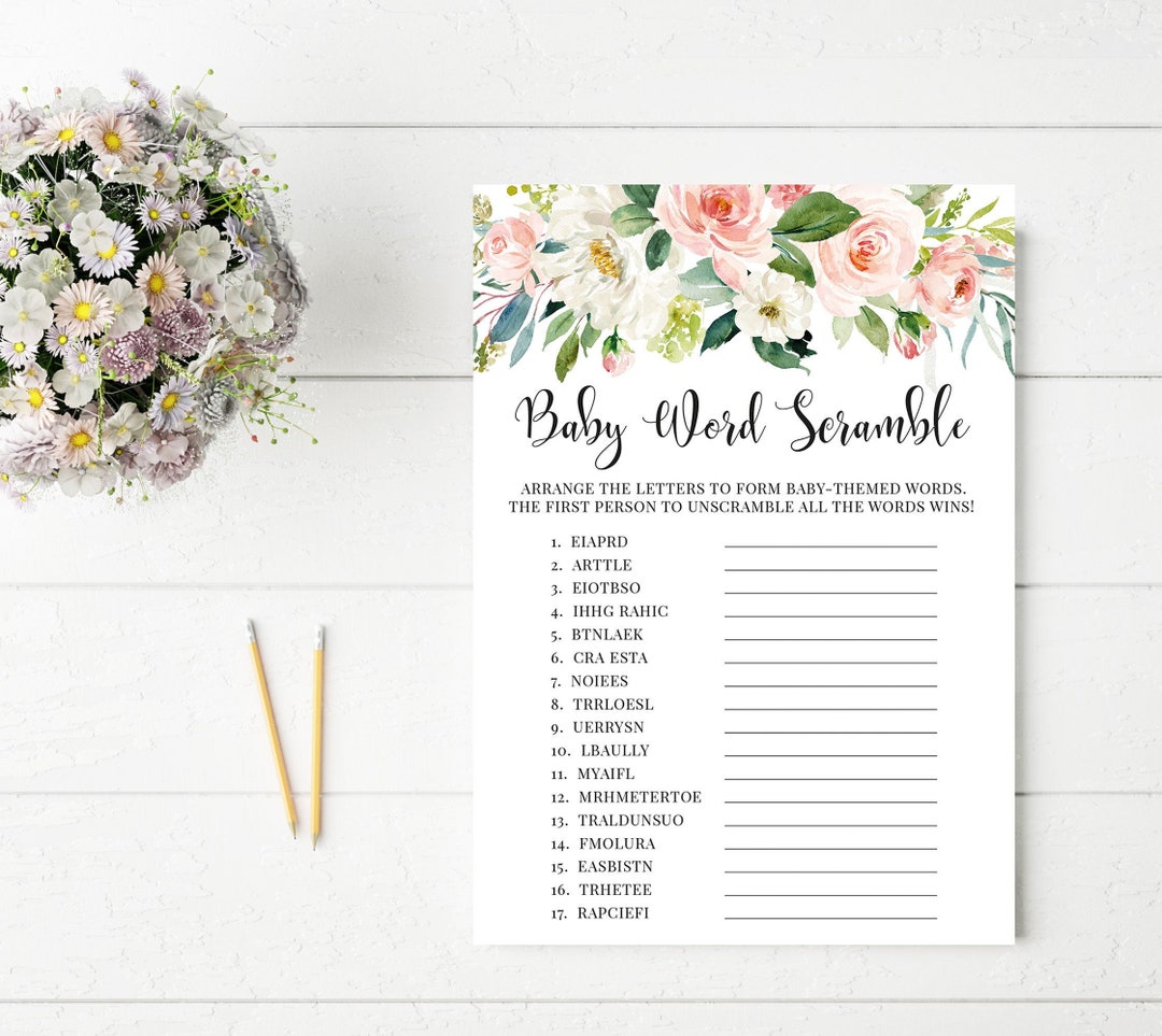 Baby Word Scramble Game | Floral Baby Shower Games | Pink Flowers ...