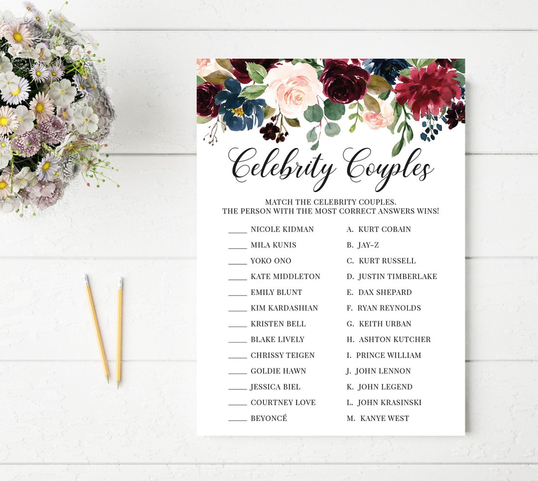 Celebrity Couples Game | Famous Couples | Printable Bridal Shower Game ...
