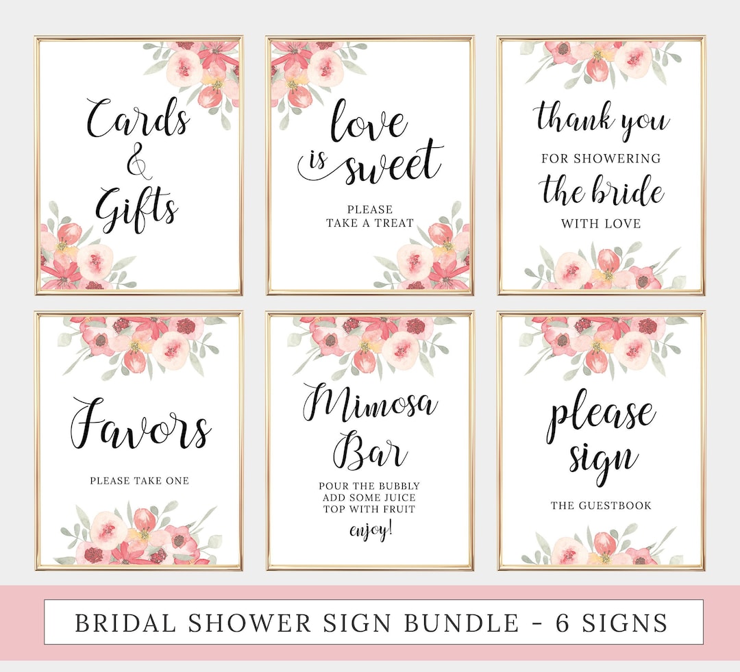 6 Bridal Shower Signs Bundle, Printable, Signage Pack, Floral Wedding ...