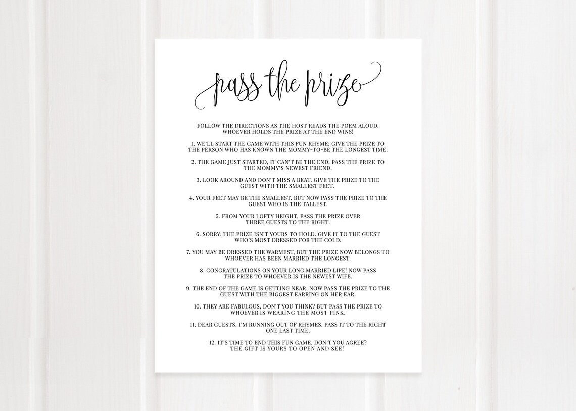 Pass the Prize Baby Shower Game, Rhyme Game, Pass the Prize Poem Baby ...