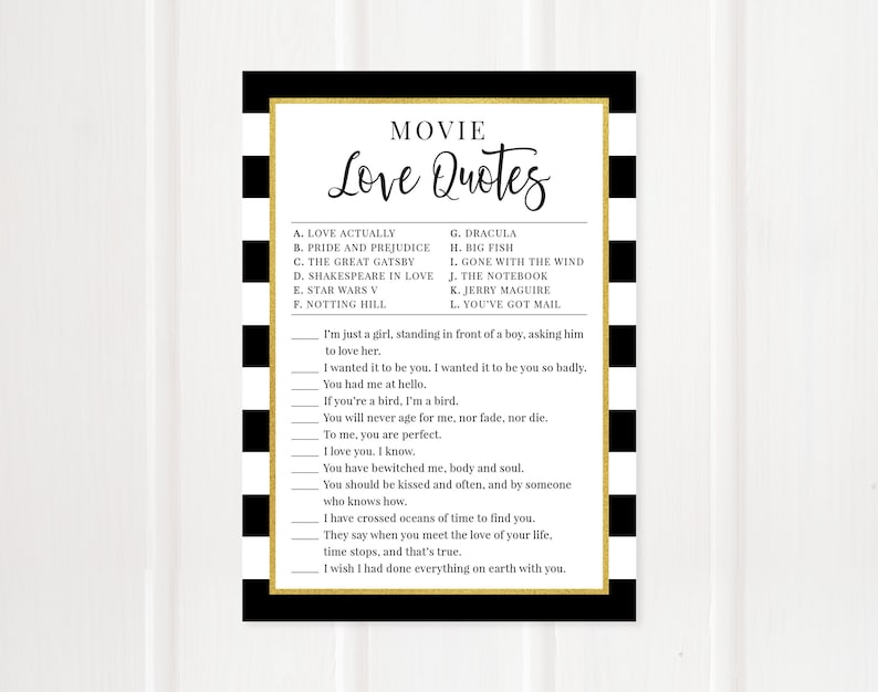 Match the Movie Love Quotes Game | Printable Bridal Shower Games ...