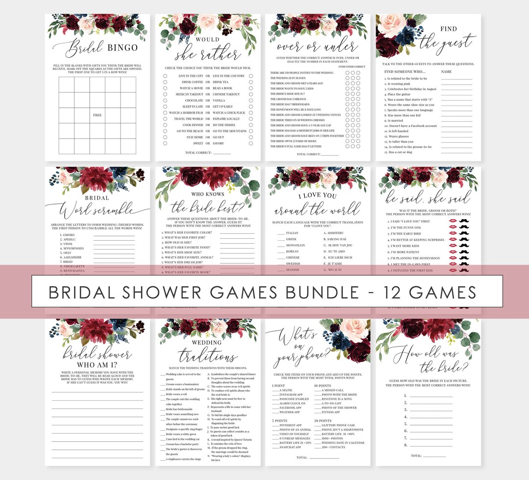 Bridal Shower Game Bundle, Printable Shower Games Package, Floral ...
